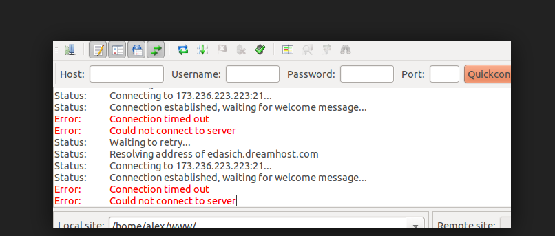 Getting error while connecting through FTP